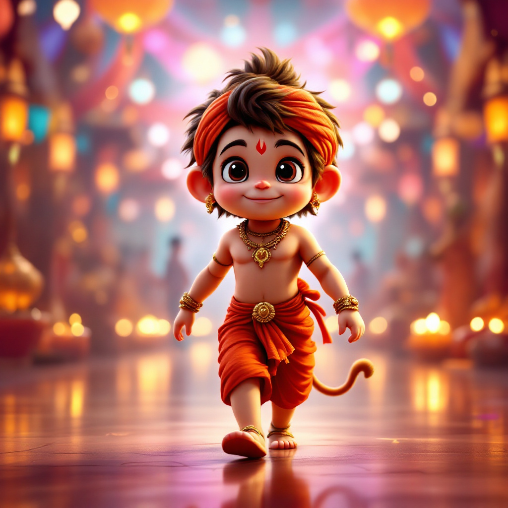 FLUX prompt: ""A cartoon-style young Lord Hanuman walking...