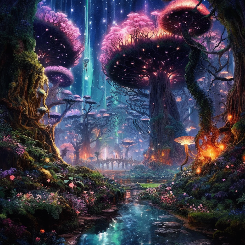 Midjourney prompt: A celestial garden on a distant planet...