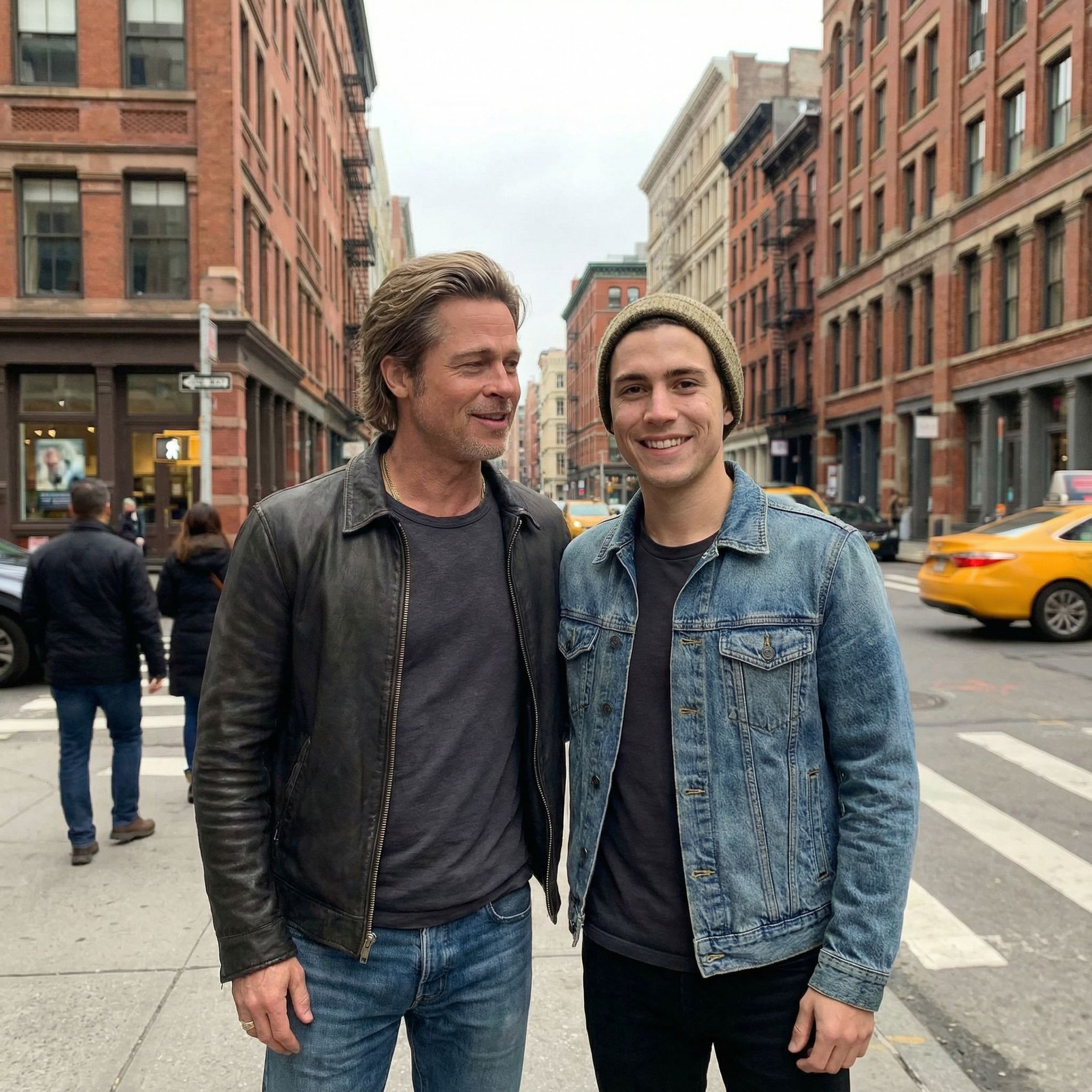 Nano Banana prompt: Brad Pitt is standing next to him, both appearing ...