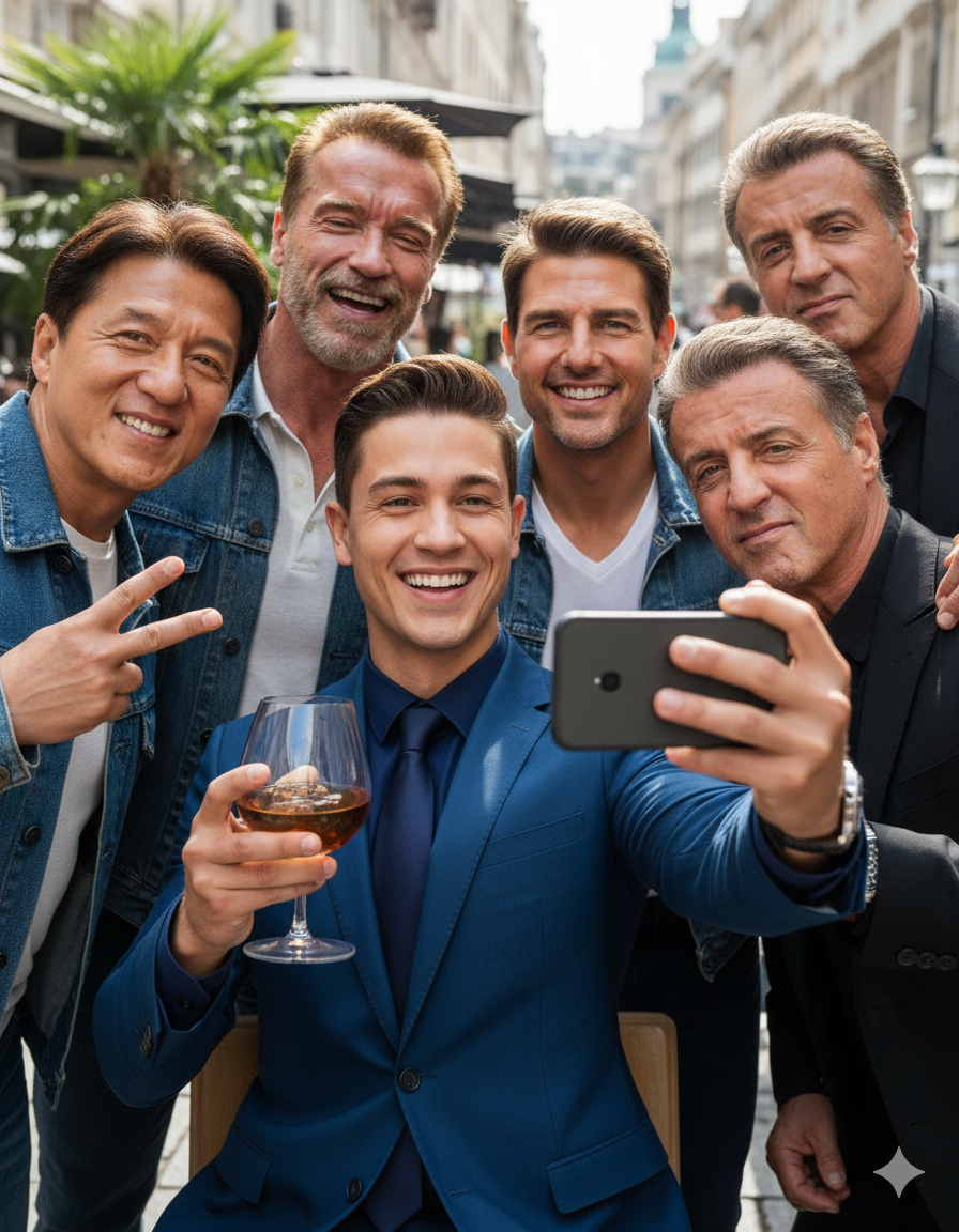 ChatGPT Image prompt: "Photorealistic group selfie featur...