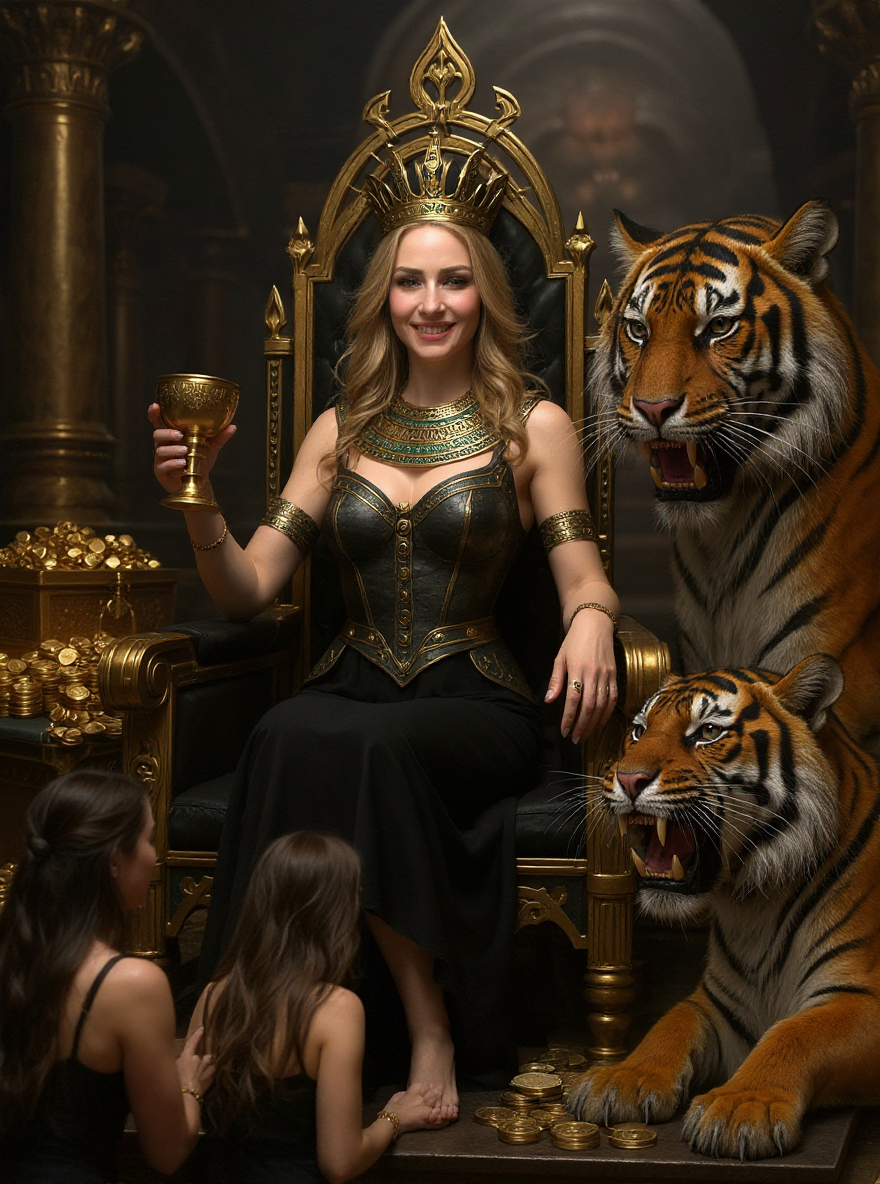 FLUX prompt: A very beautiful queen sitting on a black th...