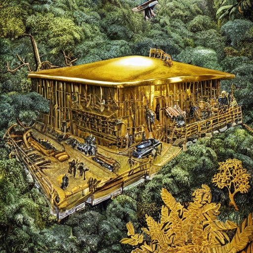 Stable Diffusion prompt: A jungle with a gold mine. Inclu...