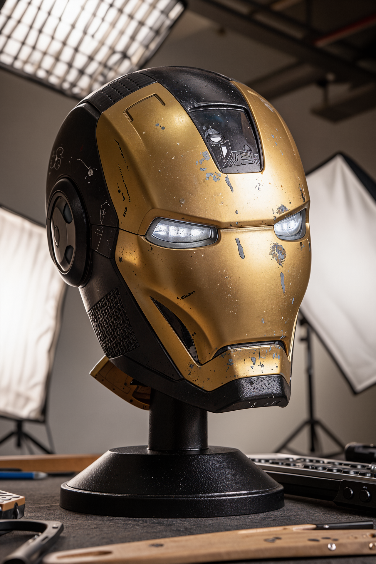 Z Image prompt: iron man, high-tech workshop, softbox lig...