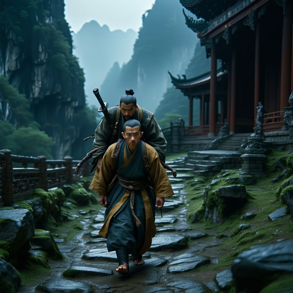 Stable Diffusion prompt: A young Shaolin apprentice carry...
