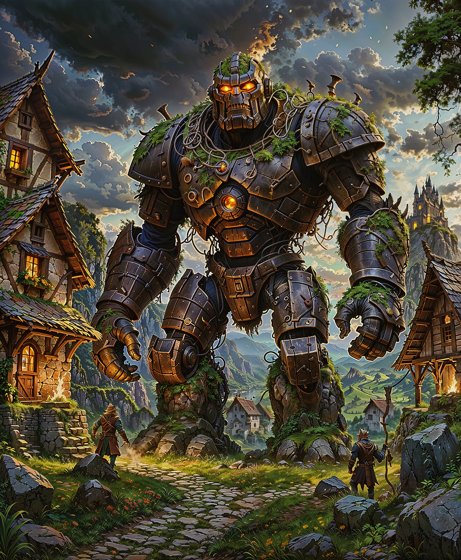 Stable Diffusion prompt: An ancient stone golem towers ov...