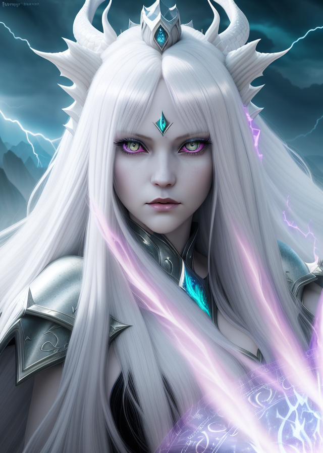 DreamShaper prompt: platinum white long hair dragon queen...