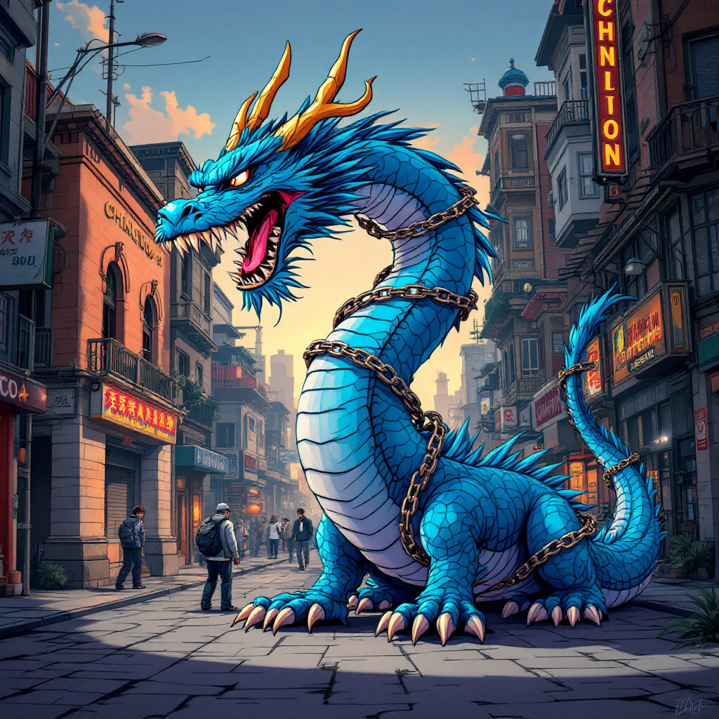 FLUX prompt: Cartoon illustration of a blue dragon with c...