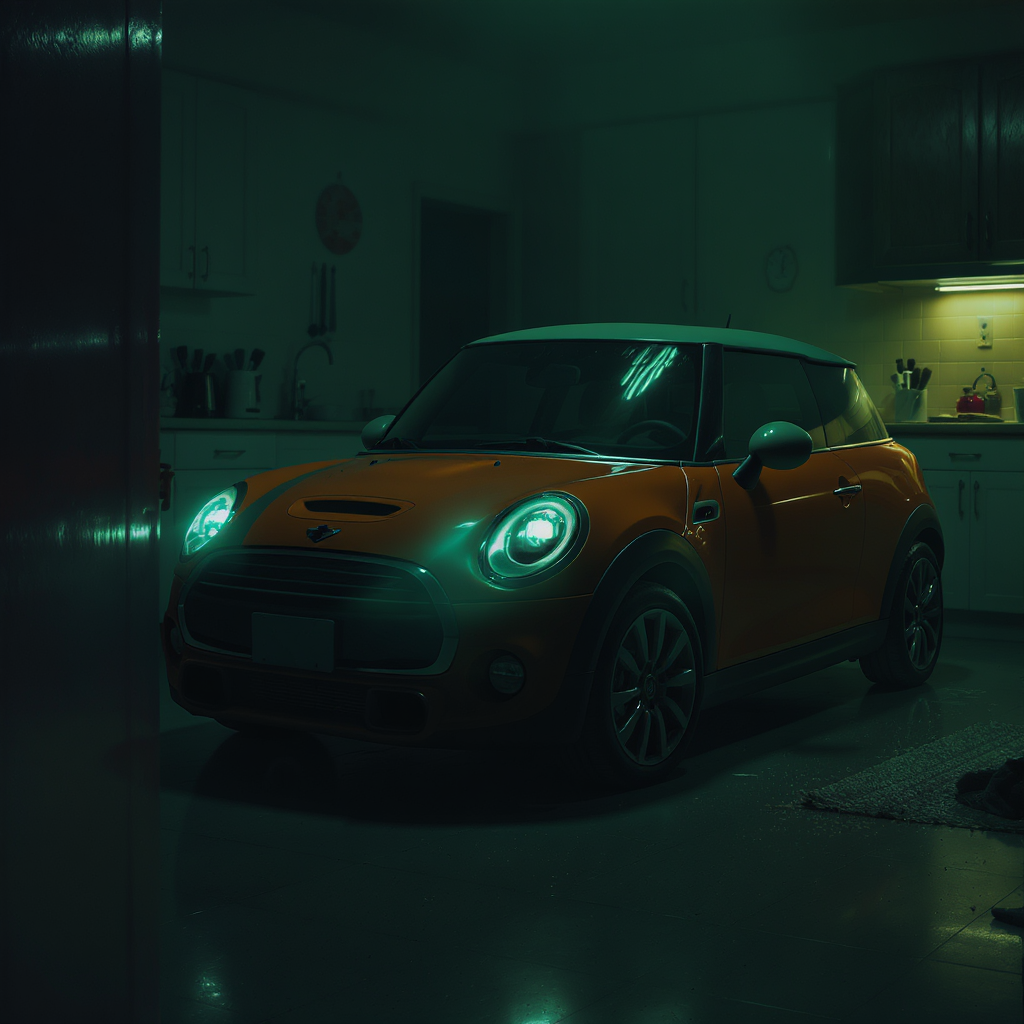 FLUX prompt: photography of a small orange Mini car insid...