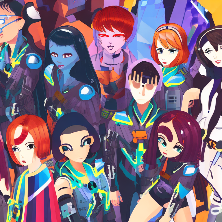 Stable Diffusion prompt: a group of anime characters stan...