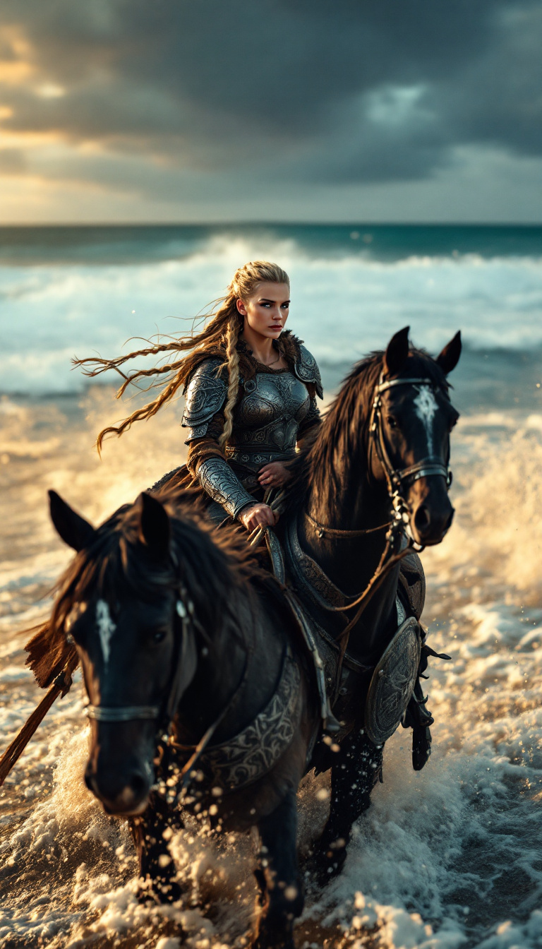 FLUX prompt: A powerful Viking warrior woman with braided...