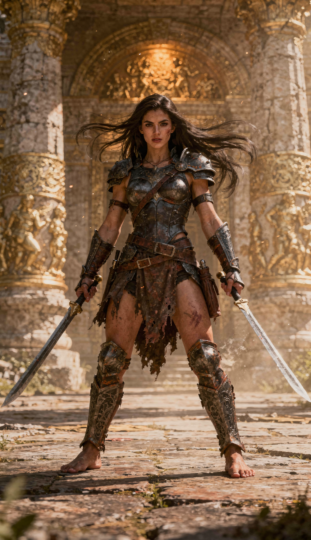 FLUX prompt: A full-body, front shot captures a fierce f...