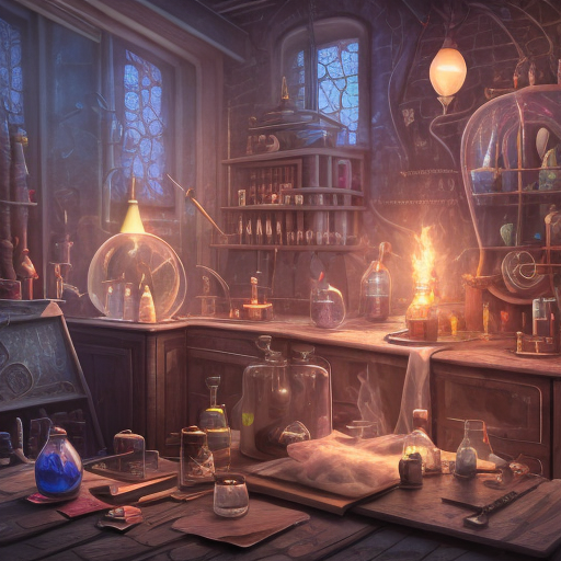 Openjourney prompt: wizard with evil laugh, messy laborat...