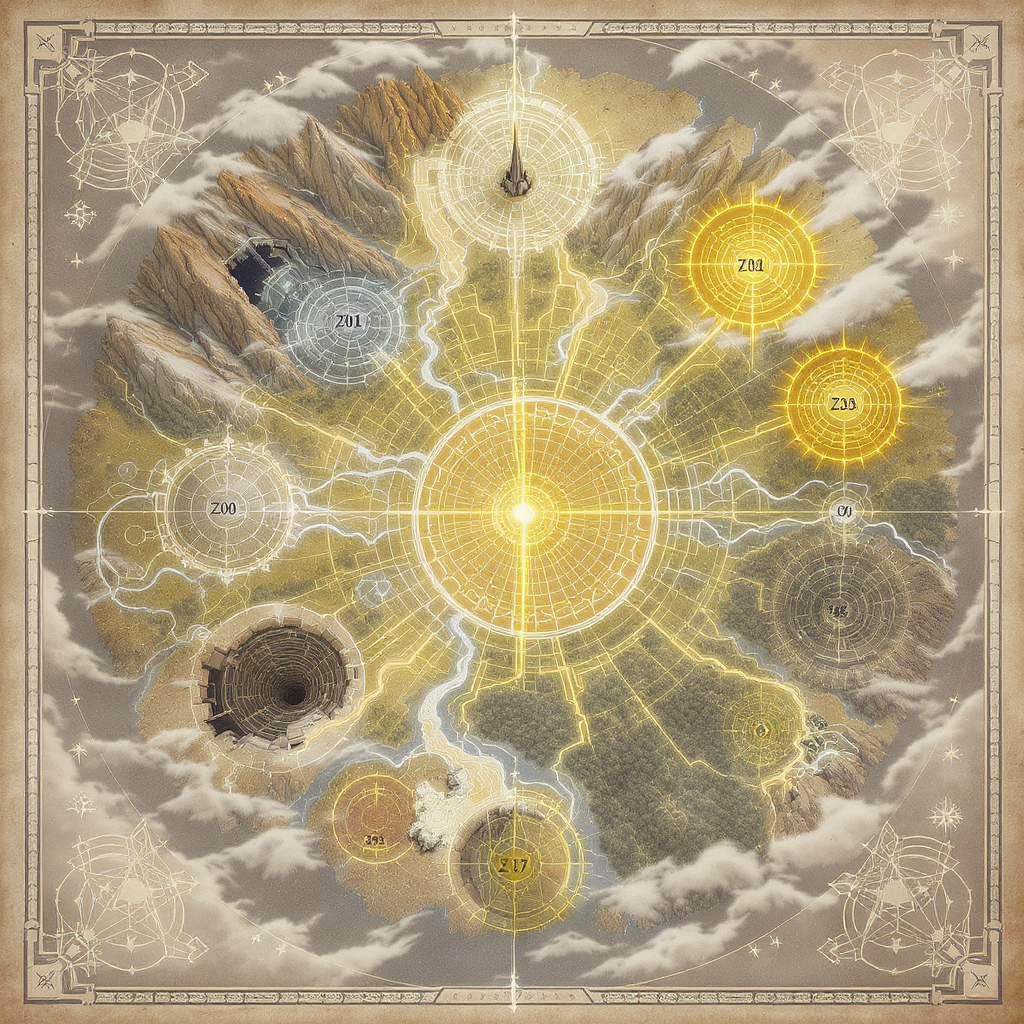 FLUX prompt: An expansive sacred terrain map depicting th...