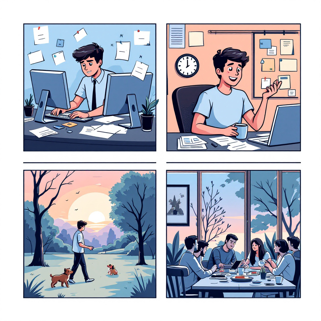FLUX prompt: A 4-panel comic-style illustration showing t...
