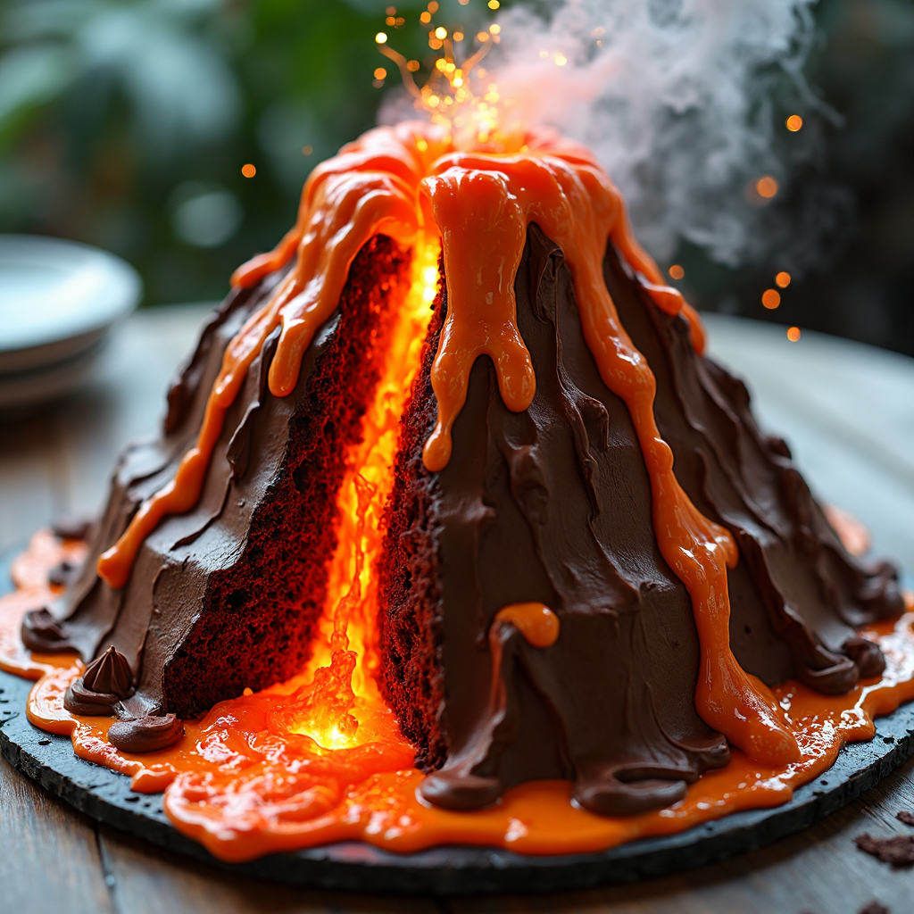 FLUX prompt: A stunning cake shaped like an erupting volc...