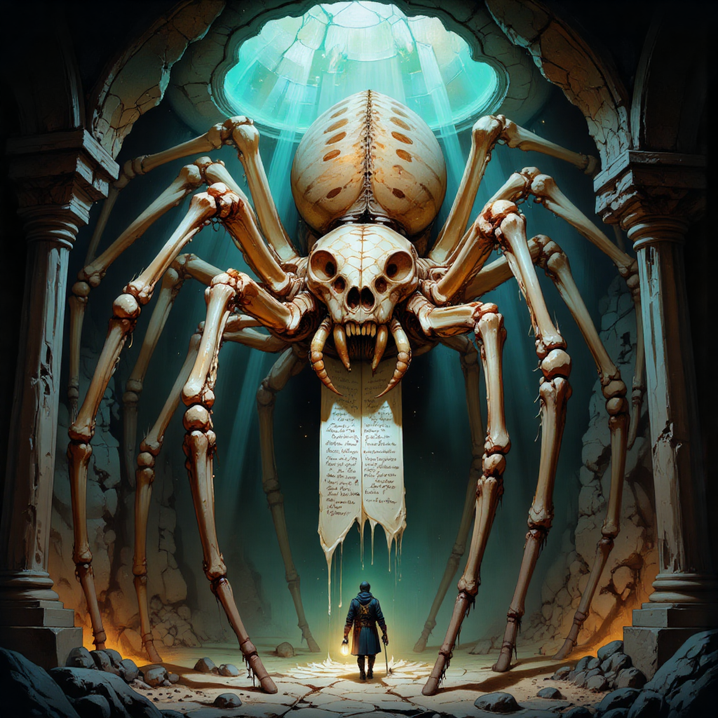 FLUX prompt: (Primary Subject: Gigantic Bone-Crafted Spid...