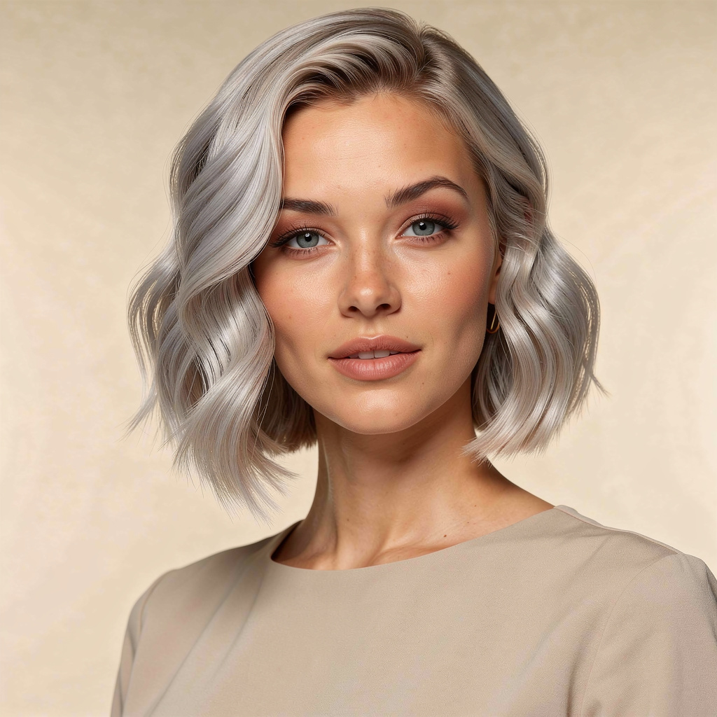 Hero prompt: hair photography, woman, bob cut hair, silve...