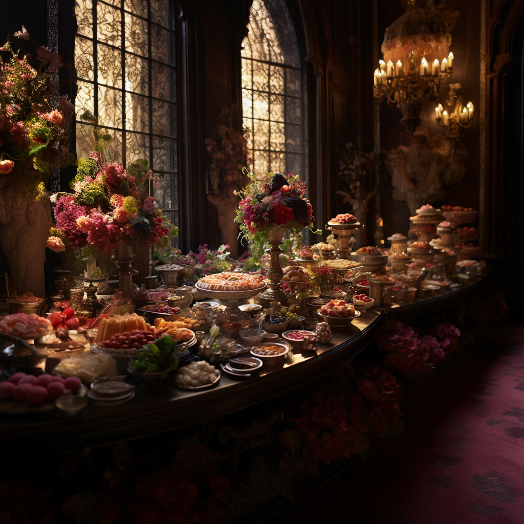 Midjourney prompt: Royal birthday celebration buffet food...