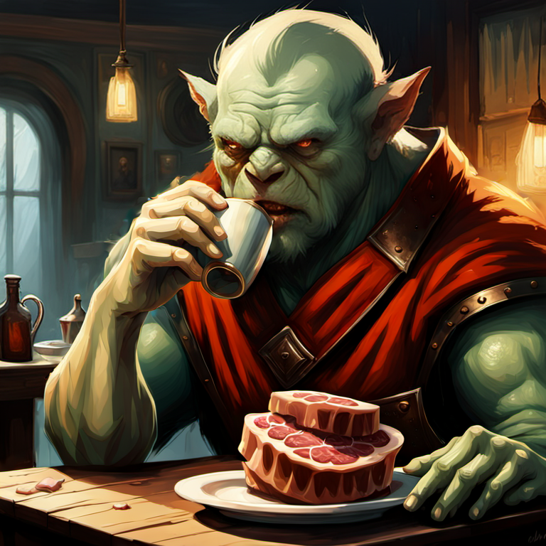 Stable Diffusion prompt: an orc in a tavern drinking from...