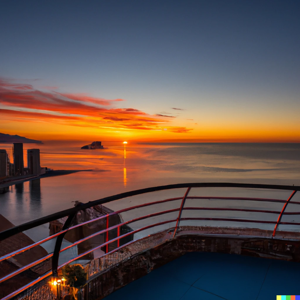 DALL-E prompt: benidorm island sunrise from the terrace o...