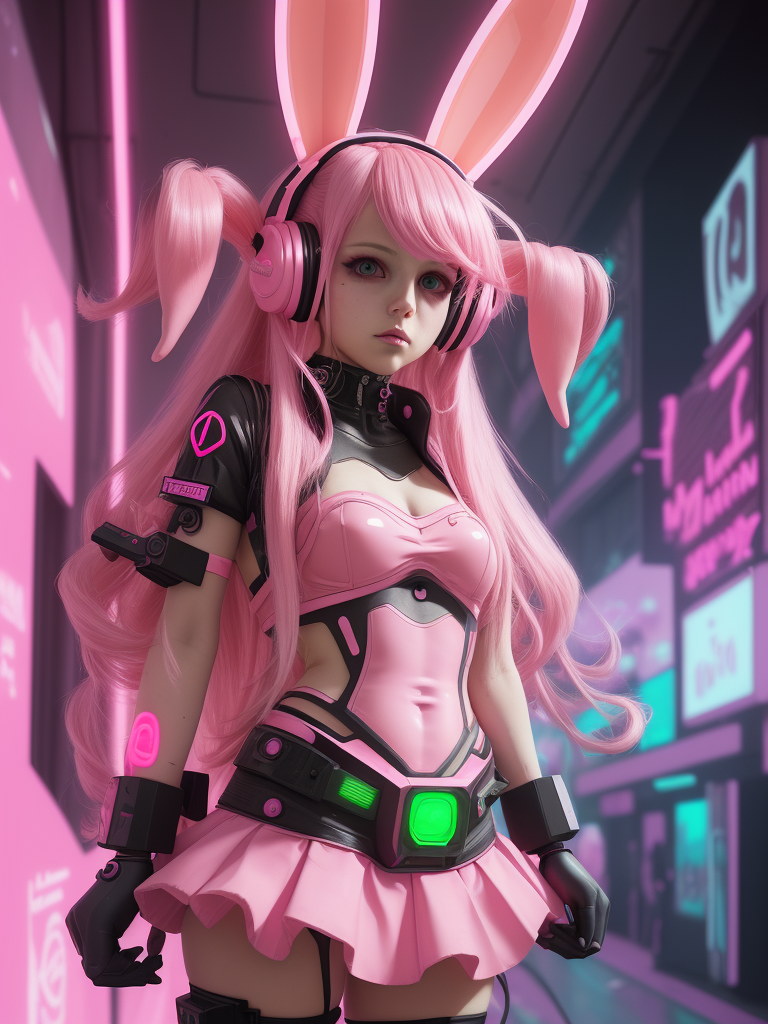 DreamShaper prompt: The pink bunny girl in the cyber worl...