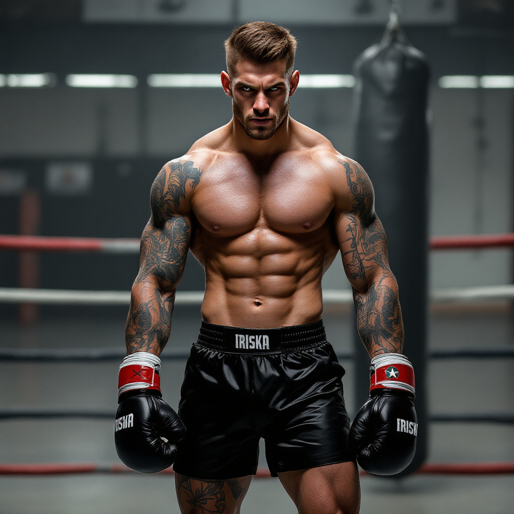 FLUX prompt: Full body image irish stud MMA fighter, shor...