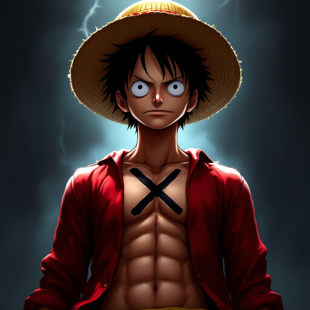 FLUX prompt: Monkey D. Luffy, one piece anime, X-shaped s...
